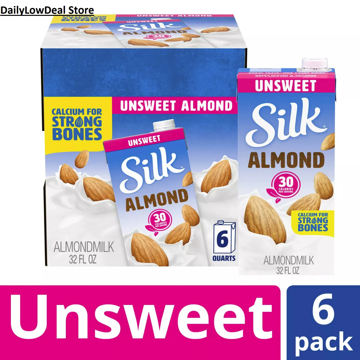 6 PACK - Silk Shelf-Stable Almond Milk Unsweetened Dairy-Free, Non-GMO ...