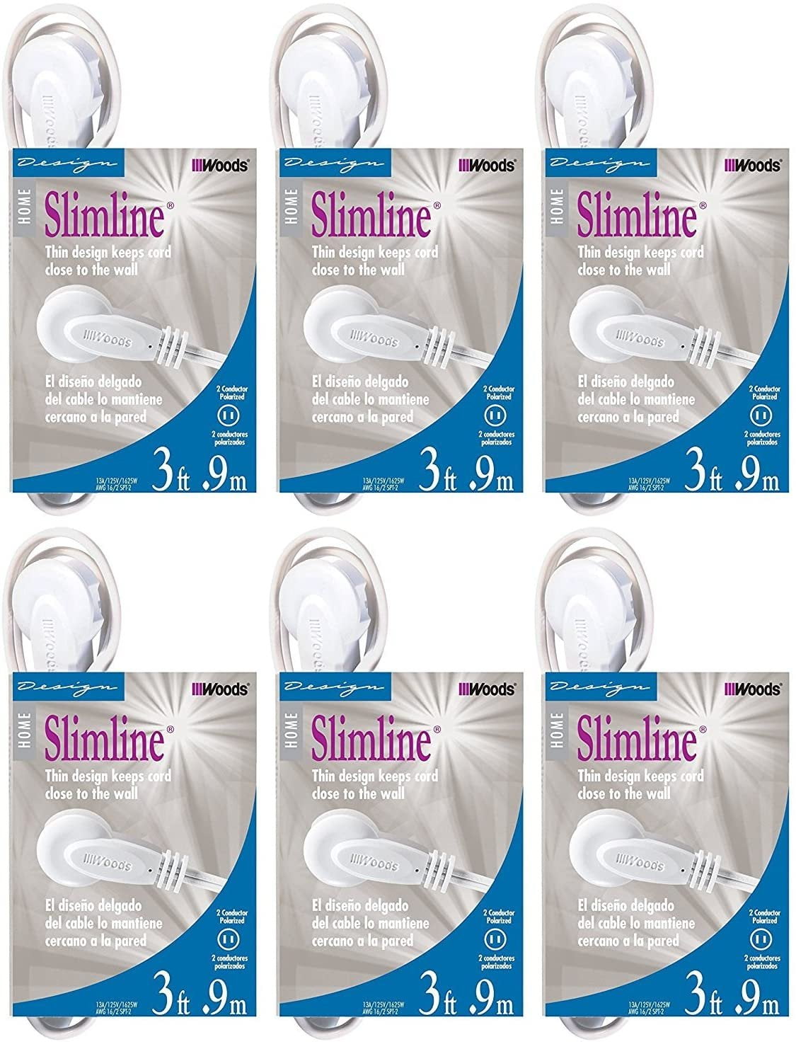 6-PACK - SlimLine 2235 Flat Plug Extension Cord, 2-Wire, White, 3-Foot ...