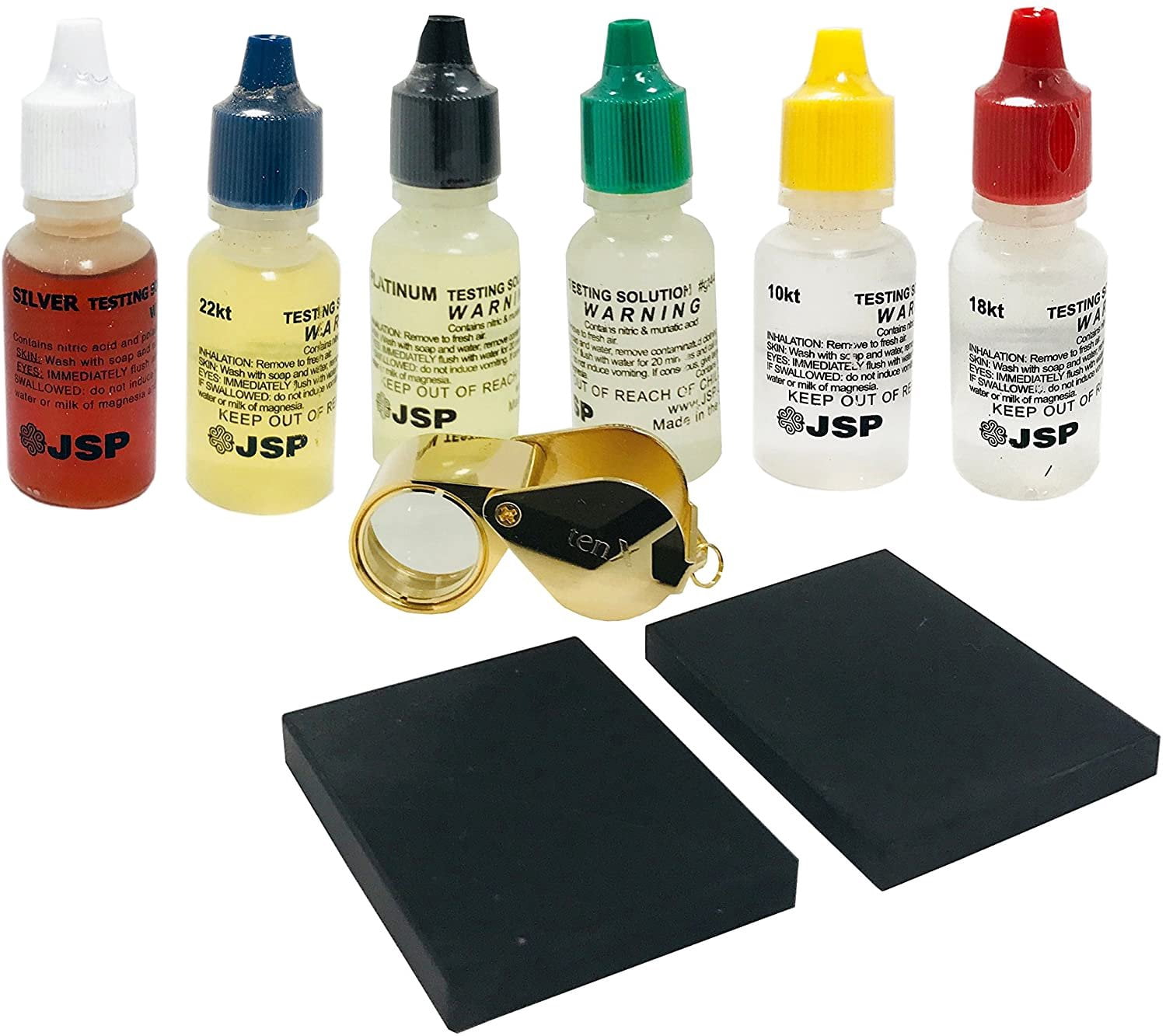 6 PC Gold and Silver JSP Testing Solutions 2 Small Test Stones 10x Gold ...