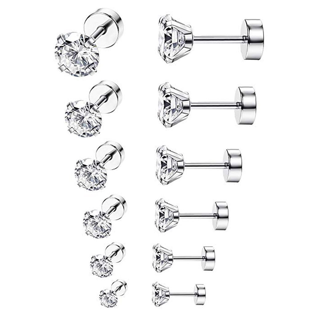 6 PC Stainless Steel Ear Stud Piercing Barbell Studs Earrings Round ...