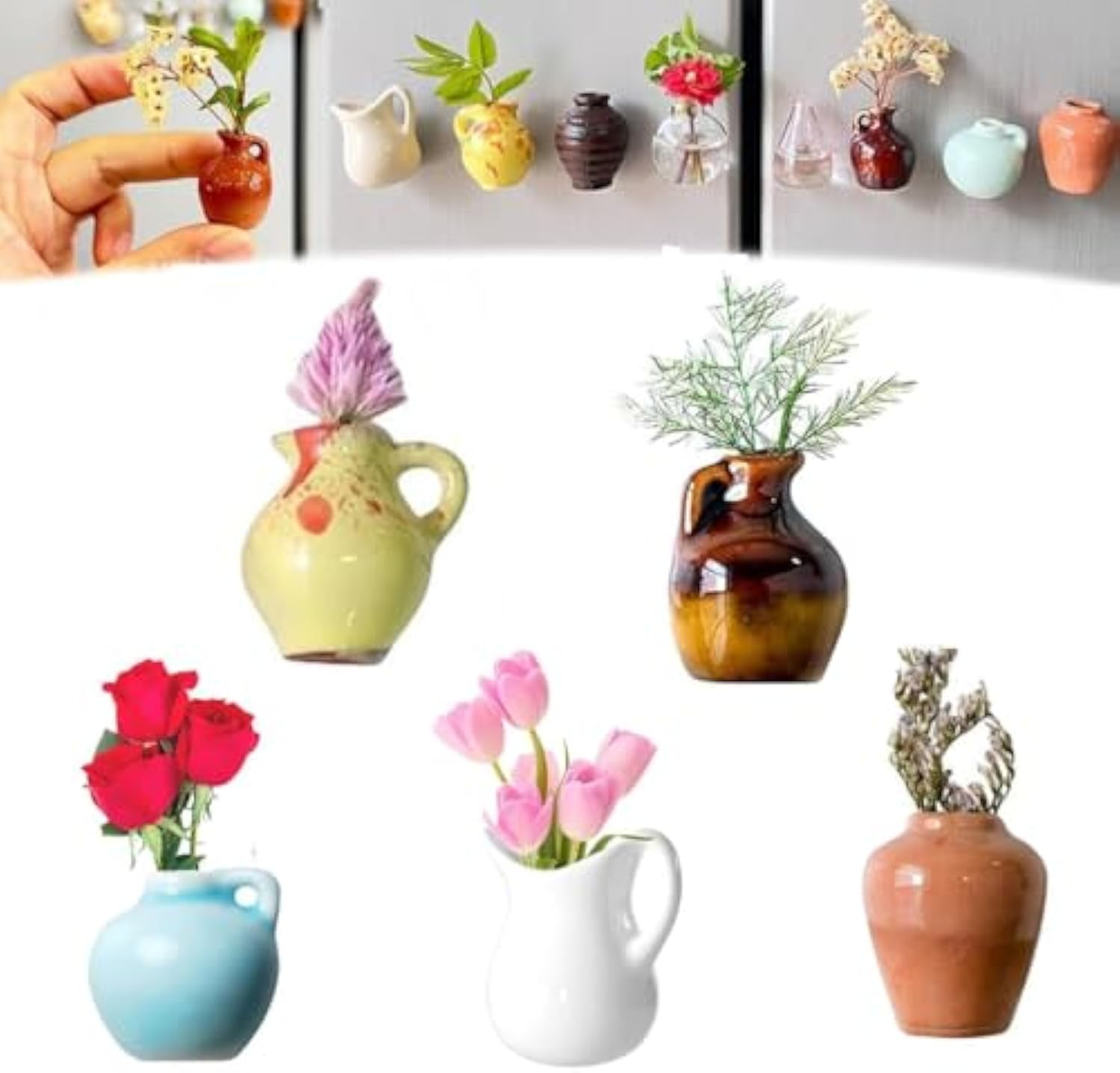 6 PCS 2025 New Mini Bud Vases Magnetic for Fridge, Cute Ceramic Vase Magnets, Tiny 3D Flower Pot ...