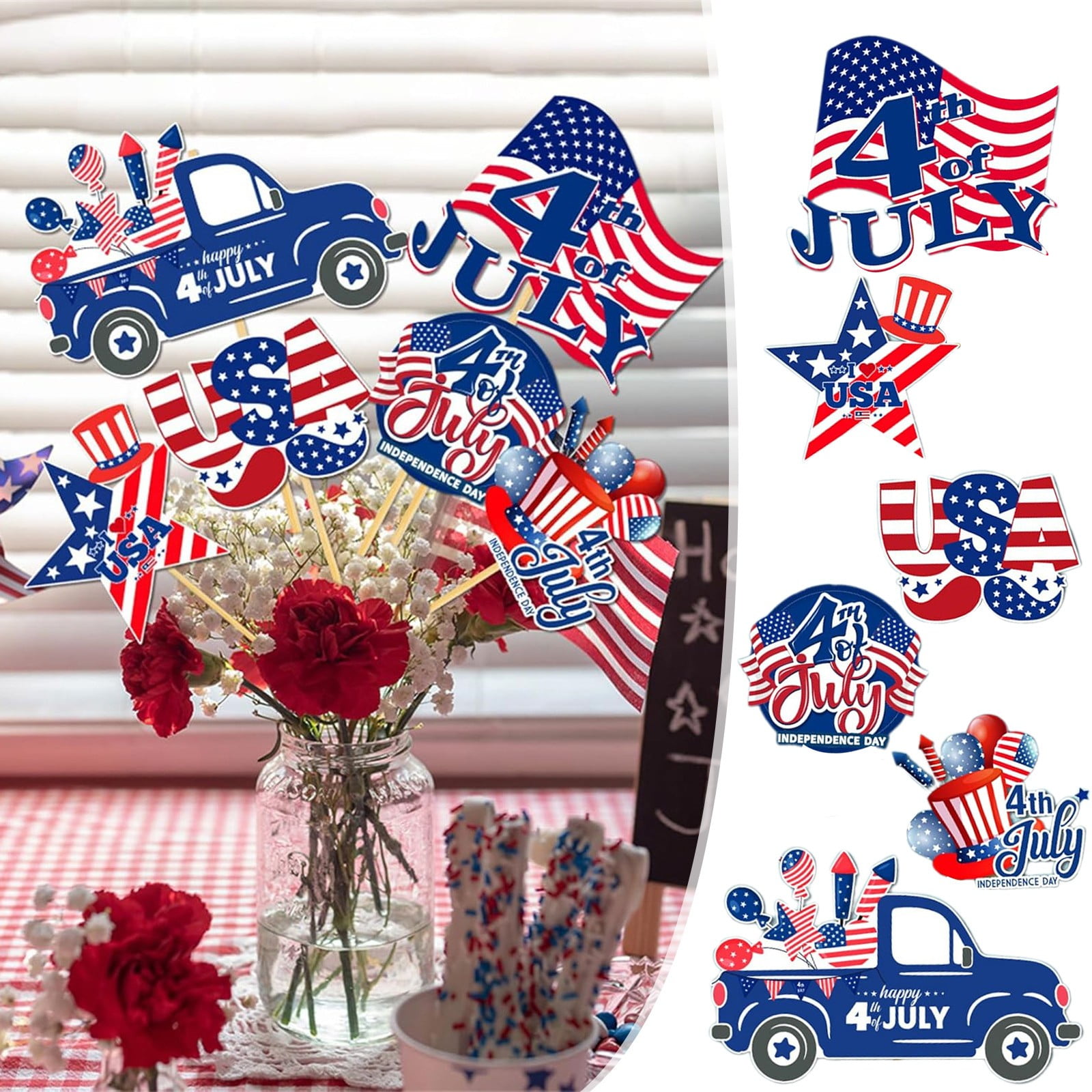 6 PCS 4th of July Cupcake Toppers，Patriotic Toothpicks Decorations for ...