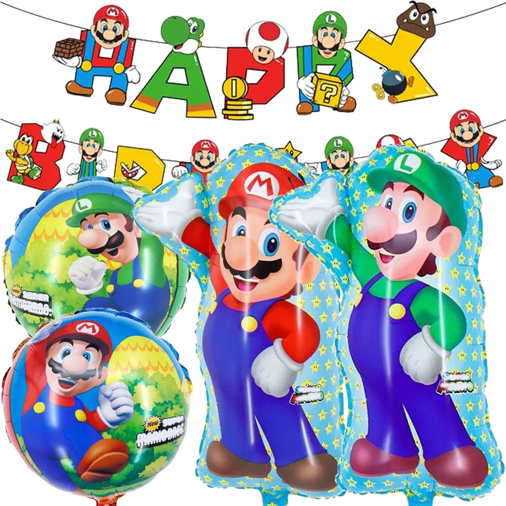 6 PCS Birthday Party Balloons LARGE Mario Balloons with Happy Birthday ...