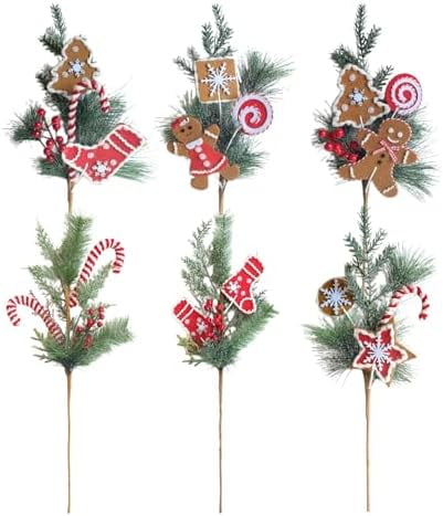 6 PCS Christmas Decoration Stems 21-inch Pine Needle Candy Gingerbread ...