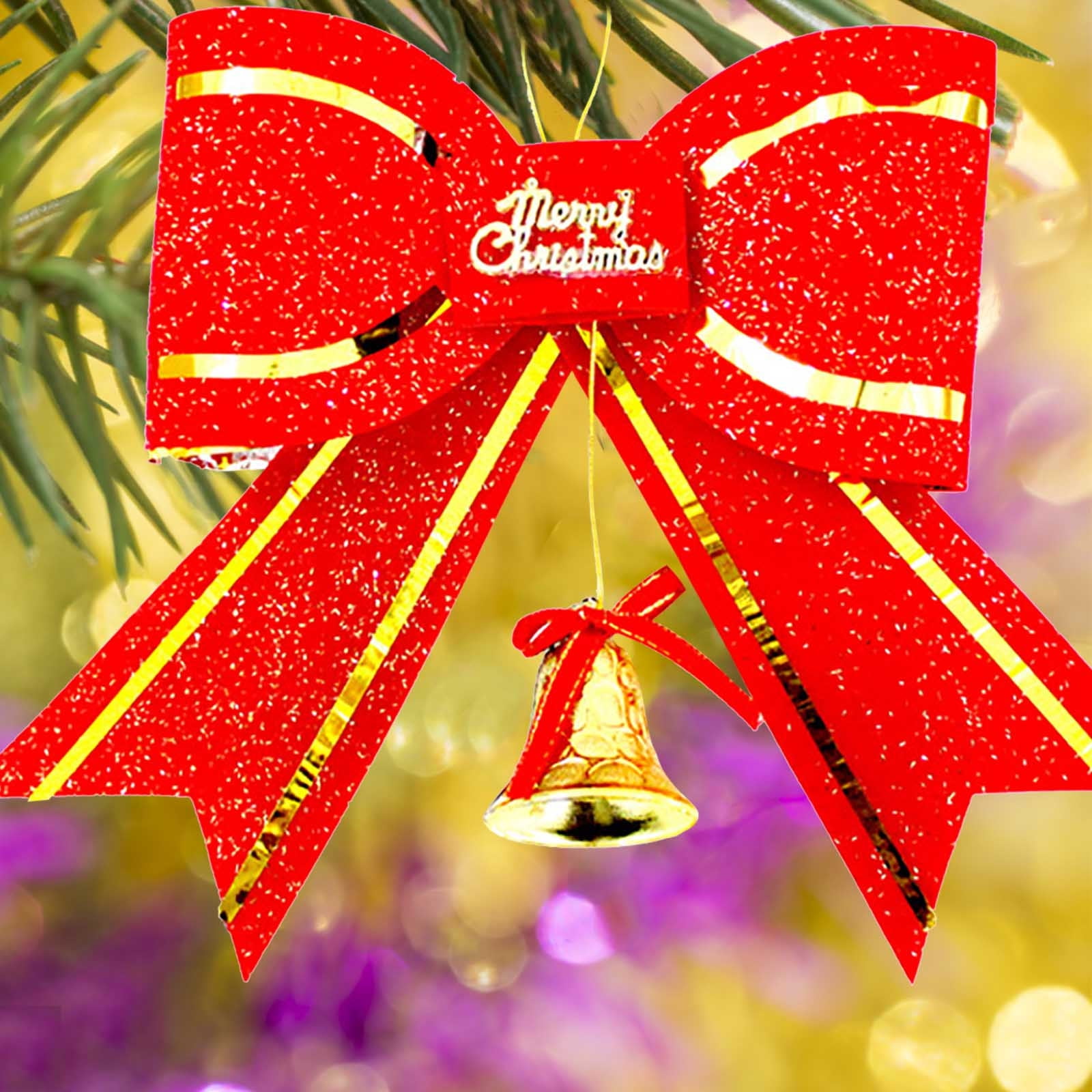 6 PCS Christmas Tree Bows Pendant with Bell,Red and Gold Bow with Bells ...