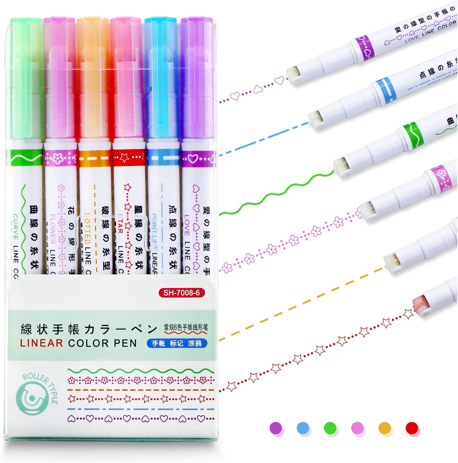 6 PCS Colored Curve Highlighter Pen Set with 6 Different Curve Shapes ...
