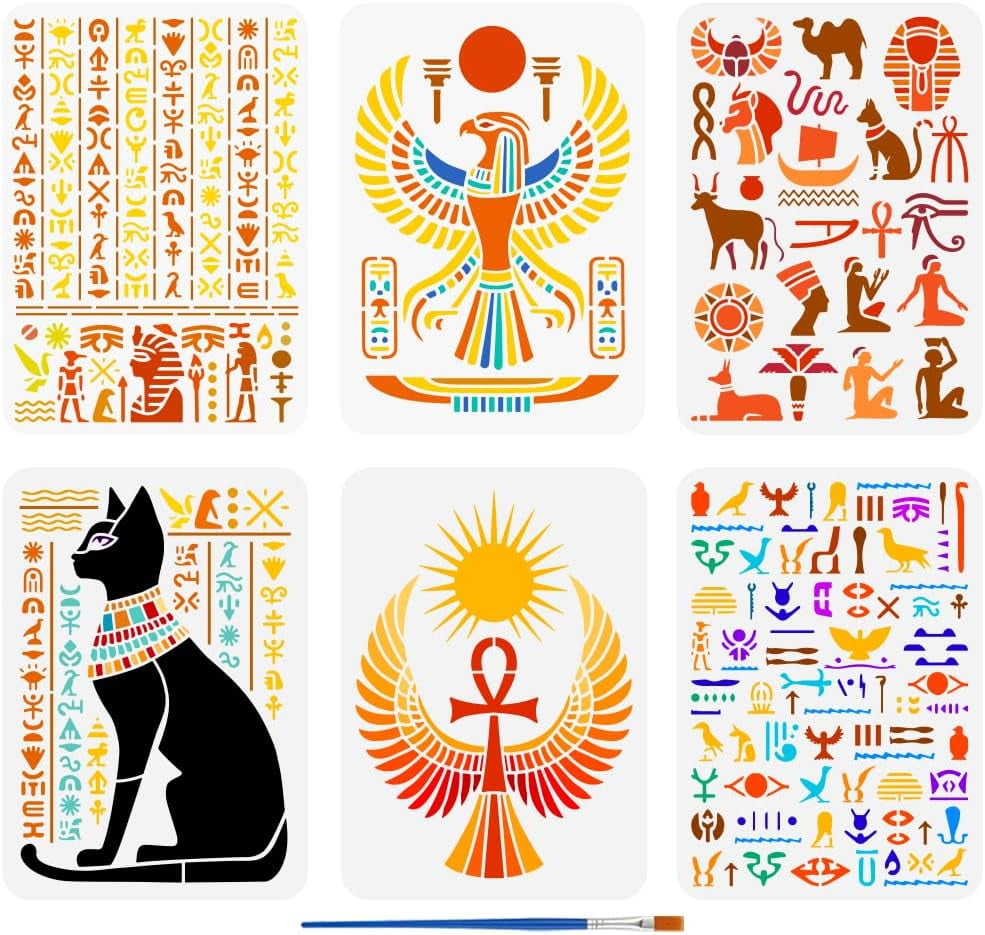 6 PCS Egyptian Symbols Painting Stencil with 1 Plastic Paint Brush 8 ...