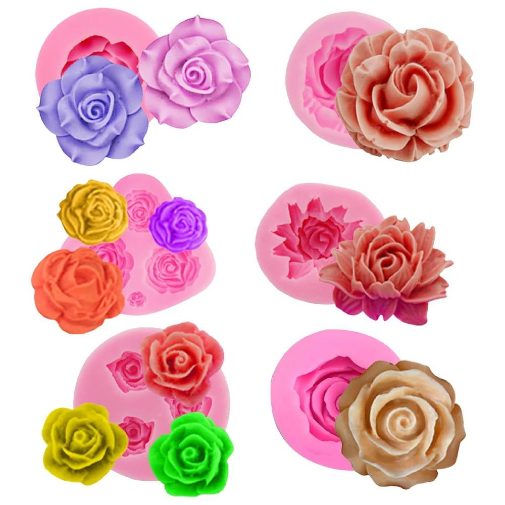 6 PCS Flower Silicone Molds, Pink Fondant Candy Making Molds for ...