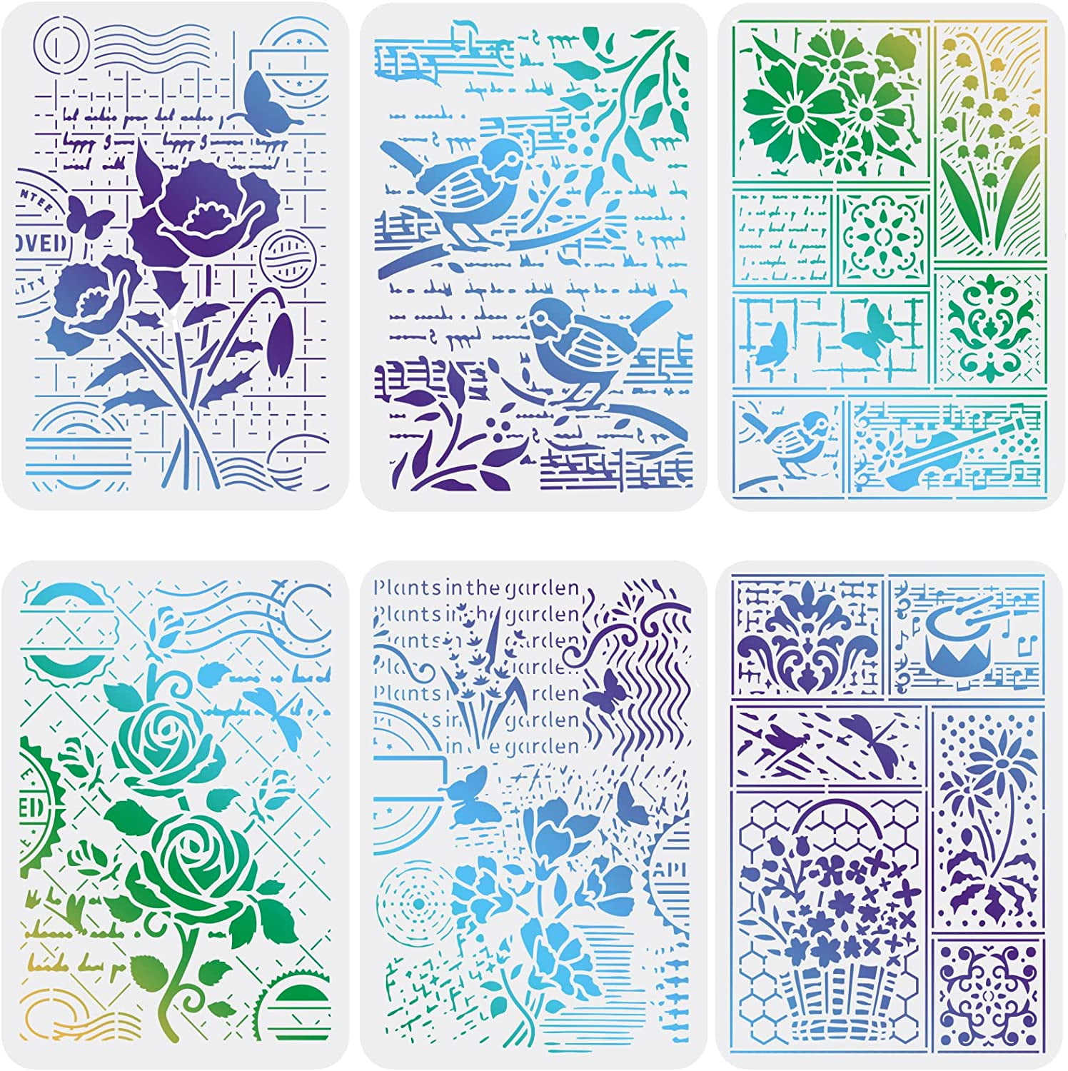6 PCS Flower Stencils Template 11.7x8.3 inch Plastic Birds Drawing ...
