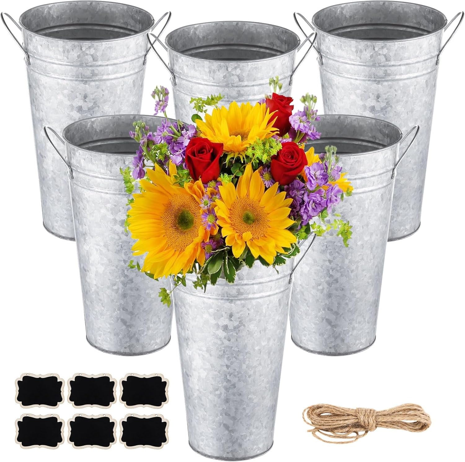 6 PCS Galvanized Metal Vases with Handles, 12 Inches Farmhouse ...