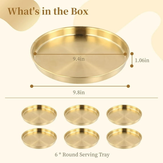 6 PCS Gold Tray Serving Platter, 9.8 Inches Round Gold Decorative Trays ...