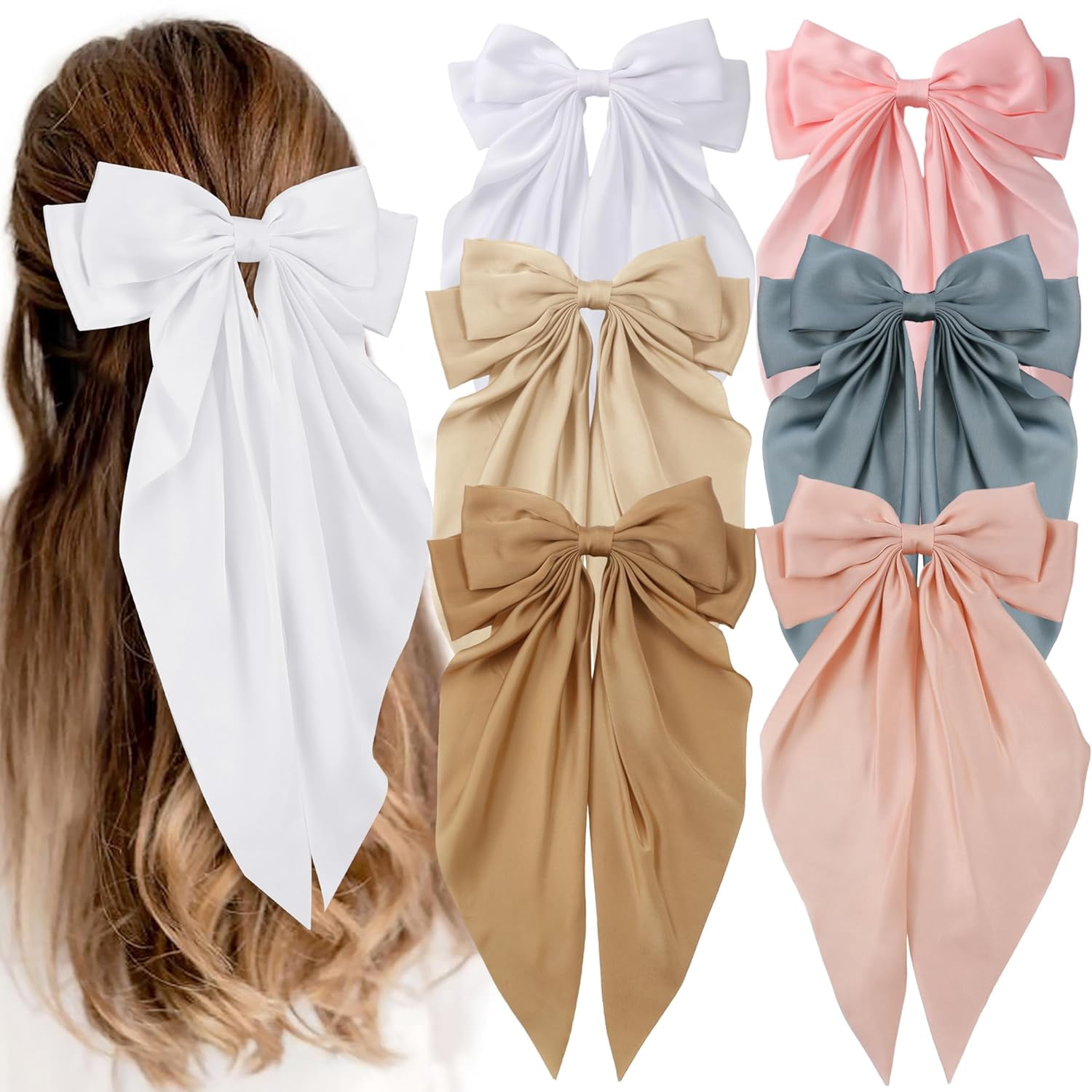 6 PCS Hair Bows for Women, Big Bow Hair Clips for Girls, Silky Satin ...