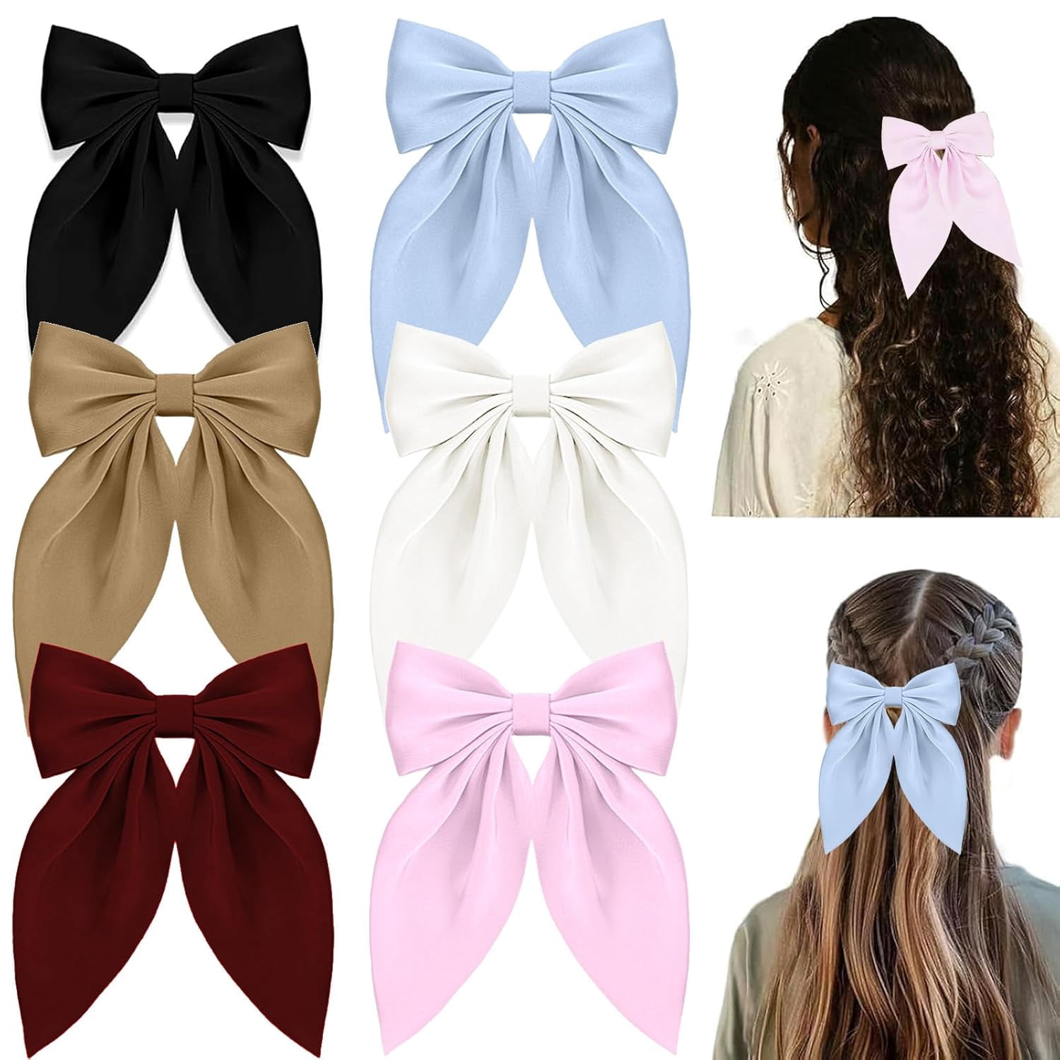 6 PCS Hair Bows for Women, Silky Satin Hair Bows for Girls,Cute ...
