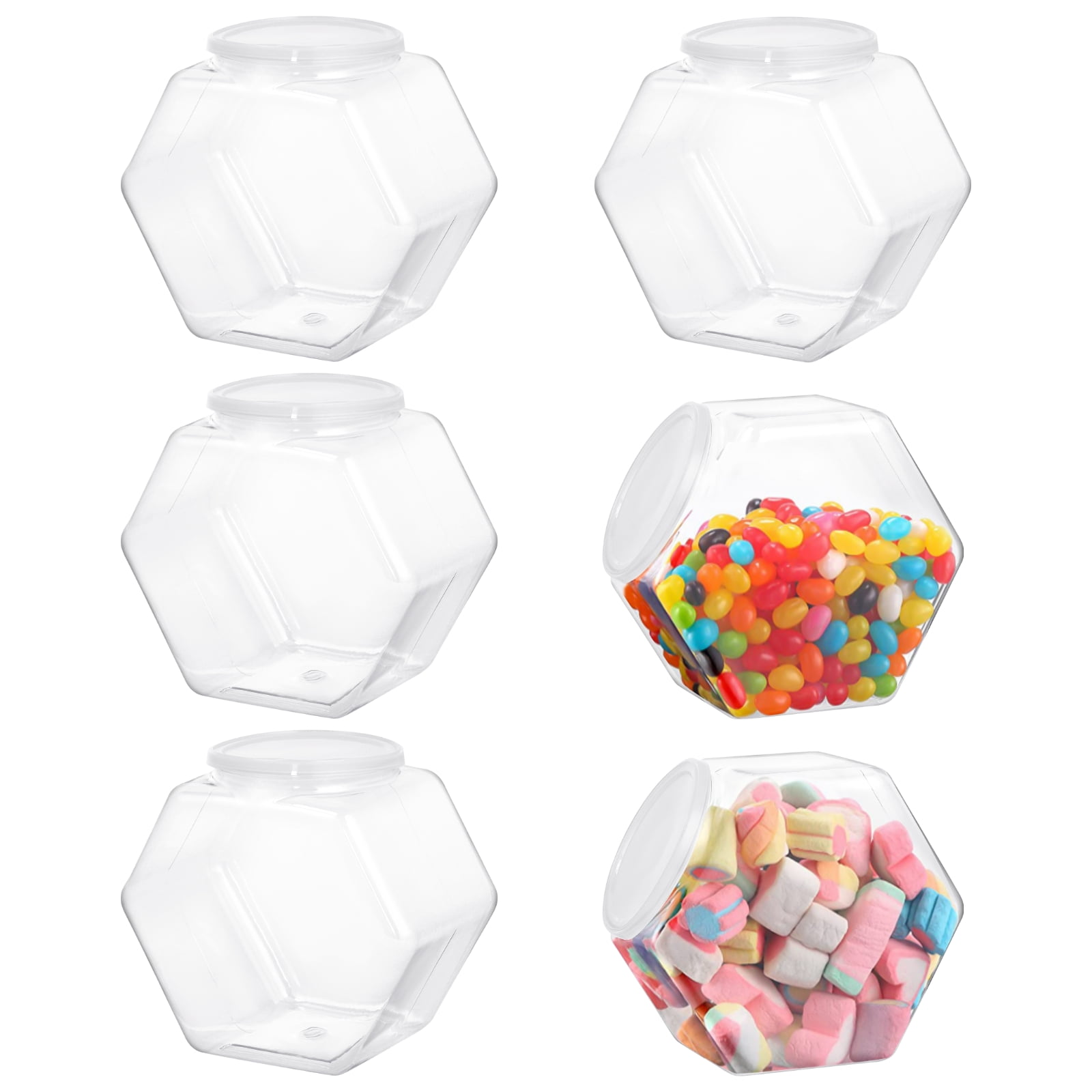 6 PCS Hexagon Plastic Jars, Clear Cookie Jars with Airtight Lids, Candy Jars, Wide Round Mouth ...