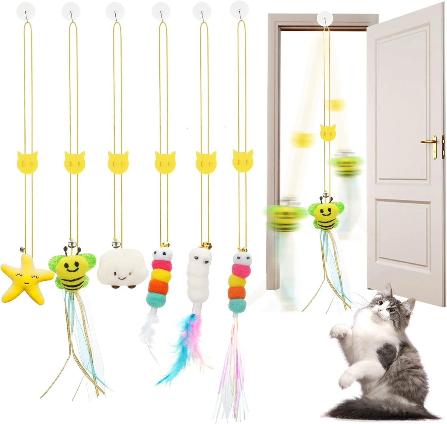 6 PCS Interactive Cat Feather Toys, Indoor Hanging Retractable Cat Toy ...