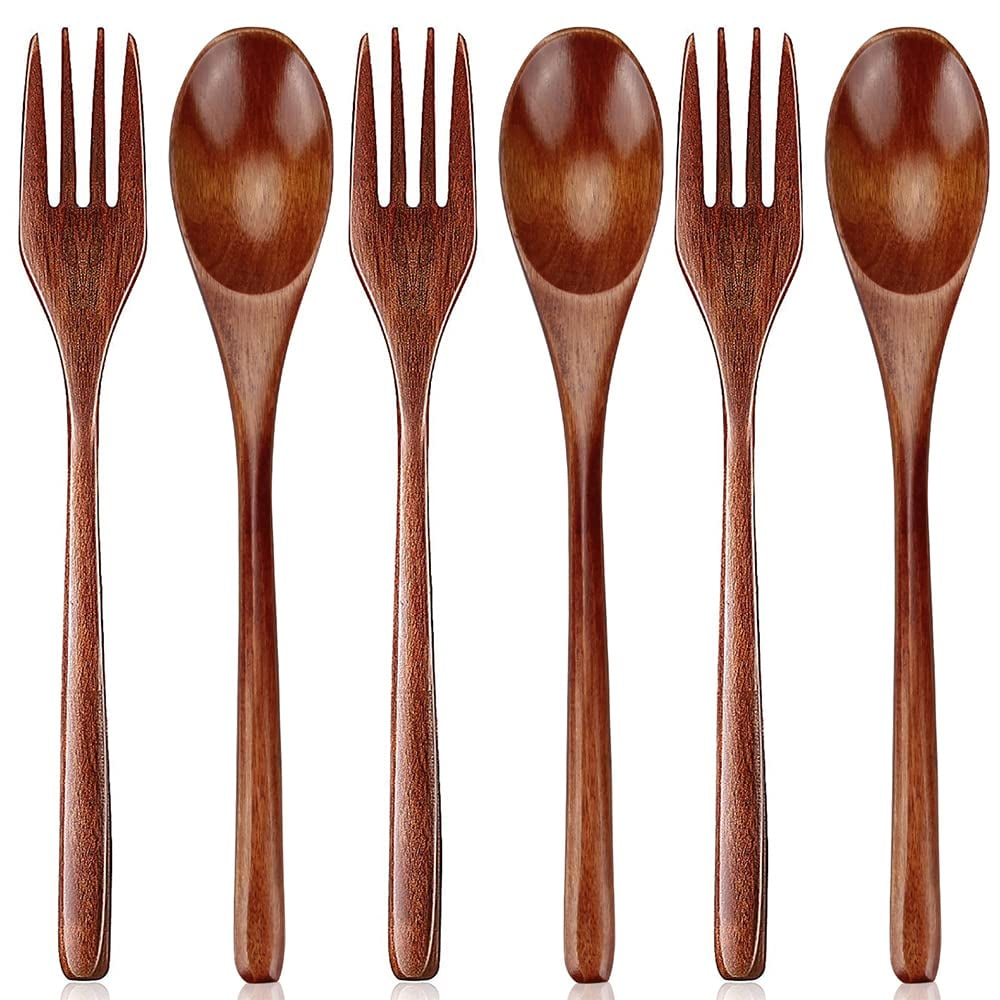6 PCS Kitchen Utensils Sets, Wooden Spoons and Forks Set for Eating ...
