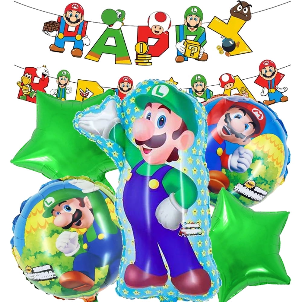 6 PCS LARGE Mario Balloons with Happy Birthday Banner Luigi Balloons ...