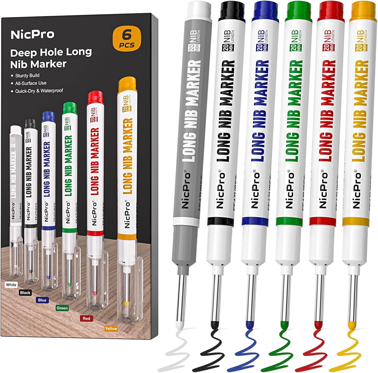 6 PCS Long Nib Marker Pens, 20mm Deep Hole Marker, Quick Dry ...