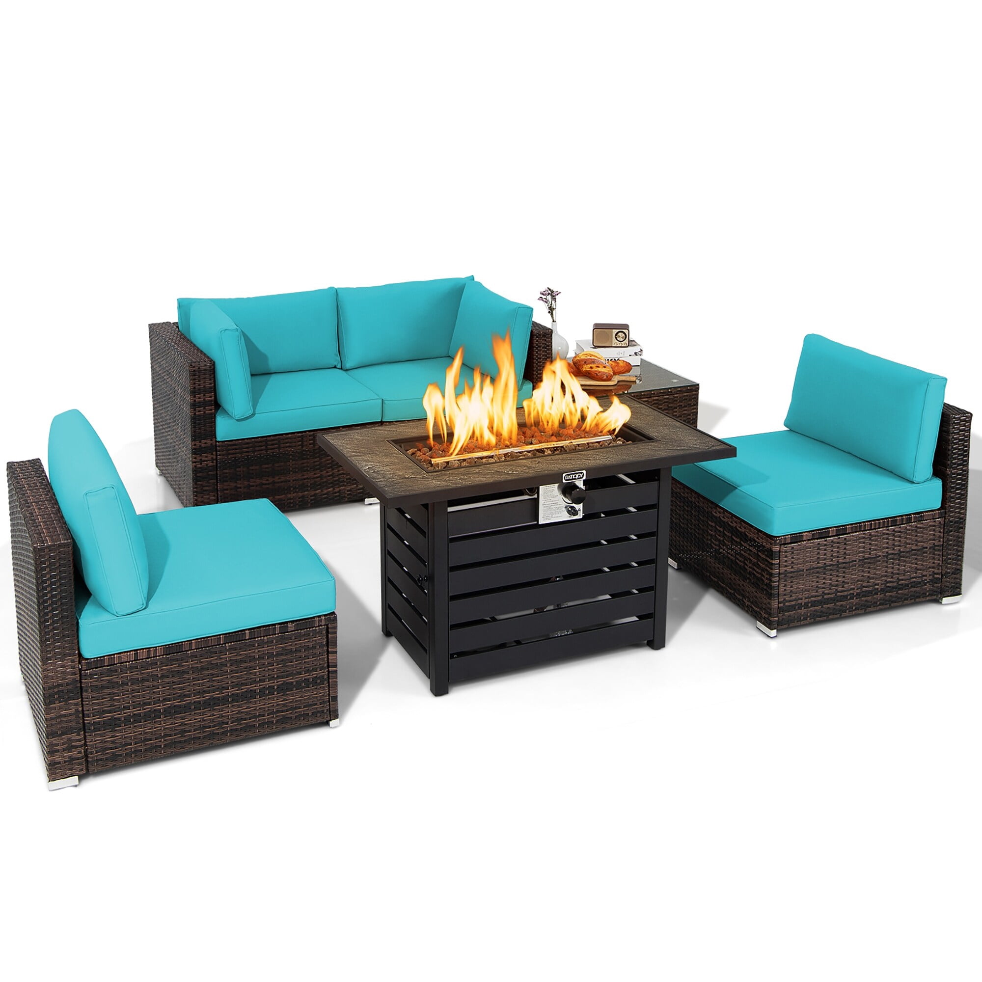 6 PCS Patio Wicker Furniture Set 42' Fire Pit Table 50,000 BTU ...