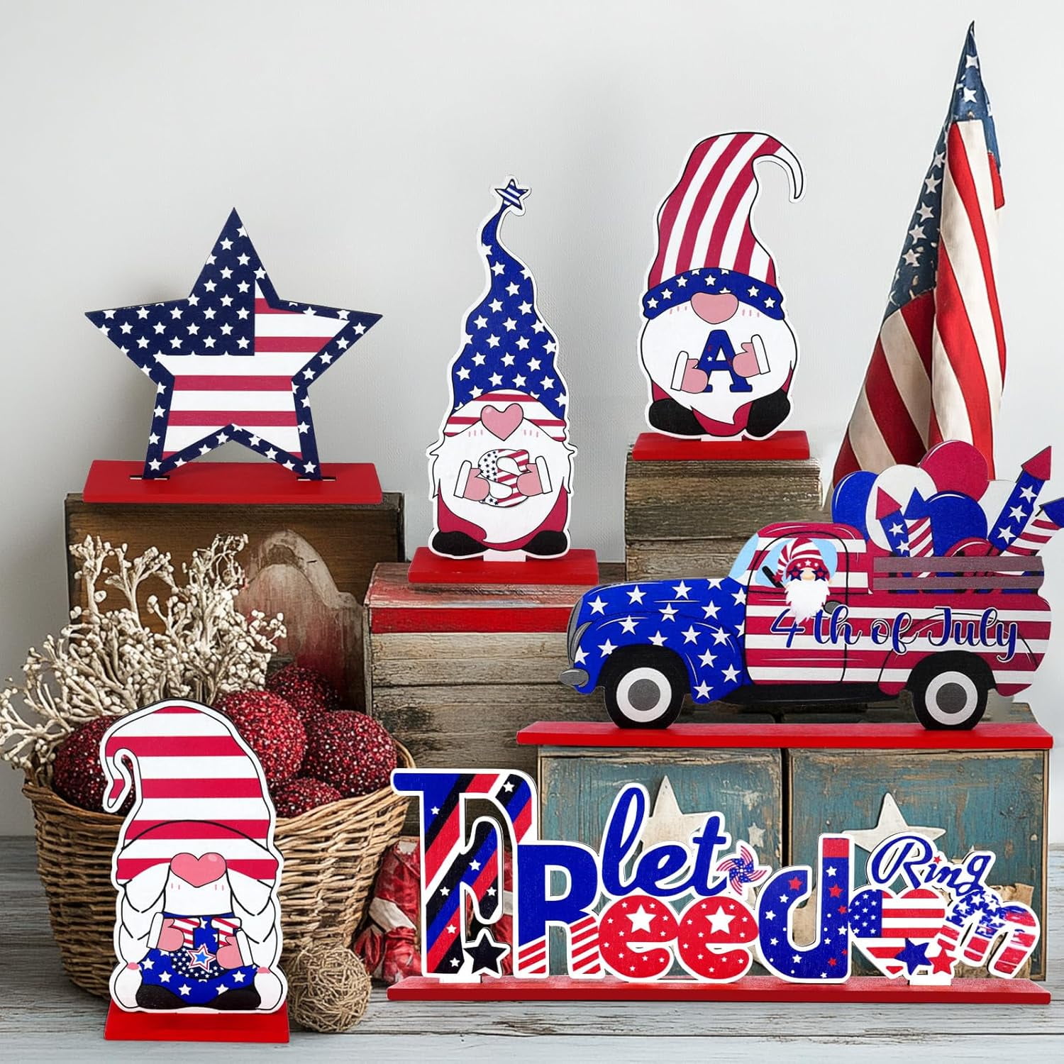 6 PCS Patriotic Table Decor 4th of July Table Decorations Wooden Rustic ...