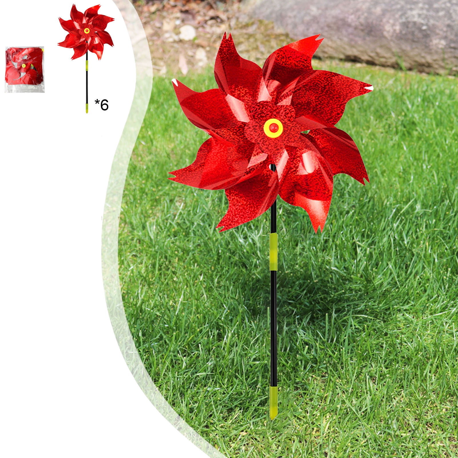 6 PCS Reflective Pinwheels,Sparkly Windmill with Stakes,Wind Spinners ...