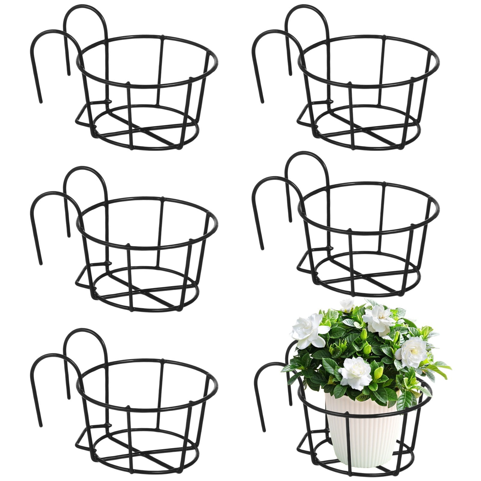 6 PCS Round Hanging Railing Planters, Hanging Flower Stand Iron Baskets ...