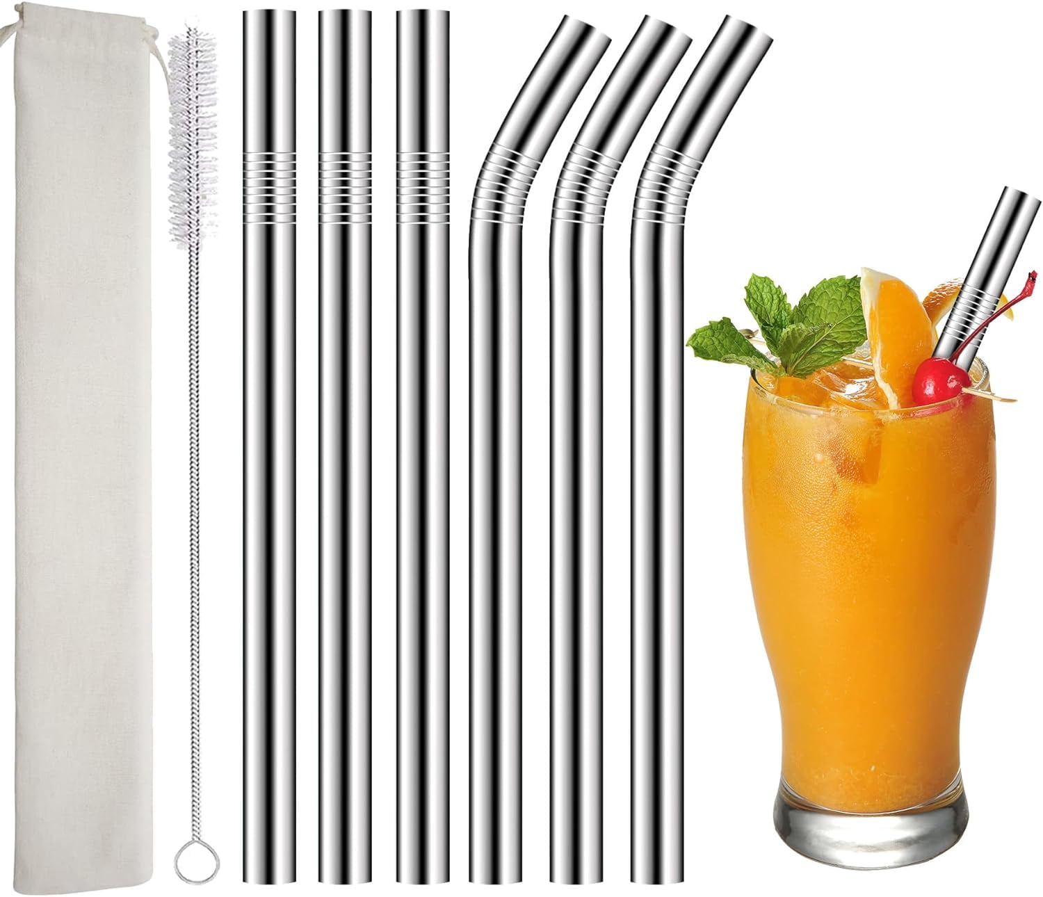6 PCS Stainless Steel Metal Smoothie Straws, 0.5" Extra Wide 10.5" Long ...