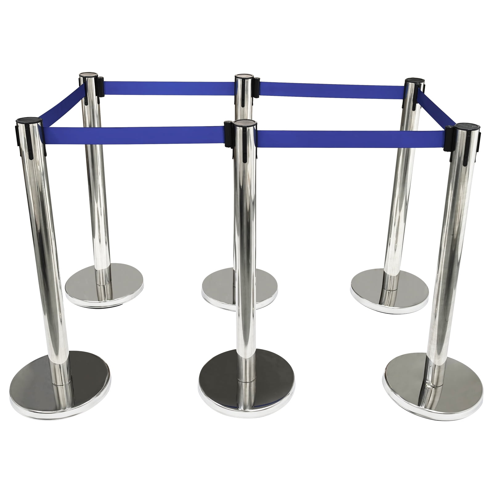 6 PCS Stainless Steel Stanchions with Blue Belts Posts Covers and Bases ...
