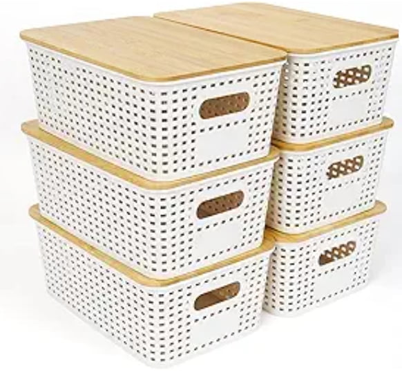 6 PCS Storage Bins with Bamboo Lids Plastic Baskets Plastic Storage ...