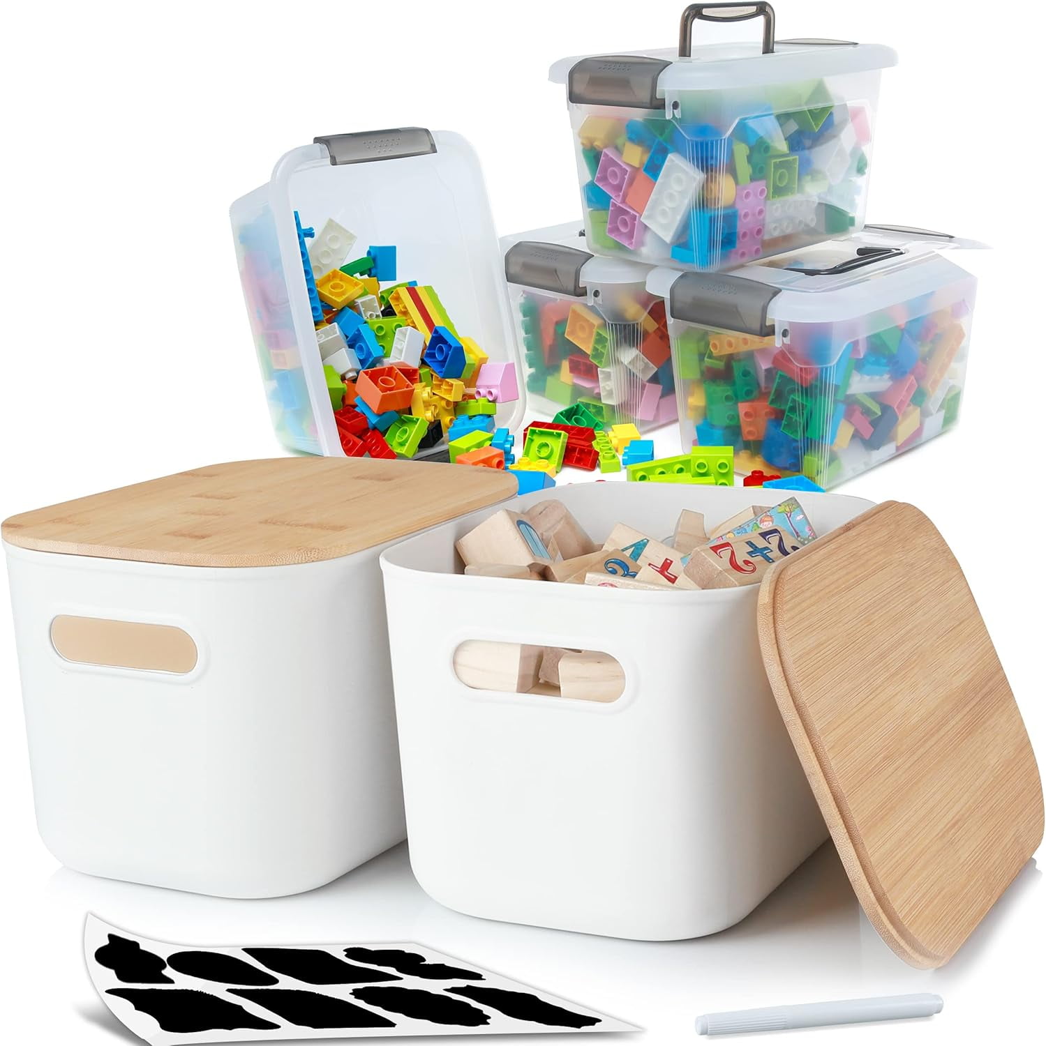 6 PCS Storage Bins with Bamboo Lids Plastic Storage Containers for ...