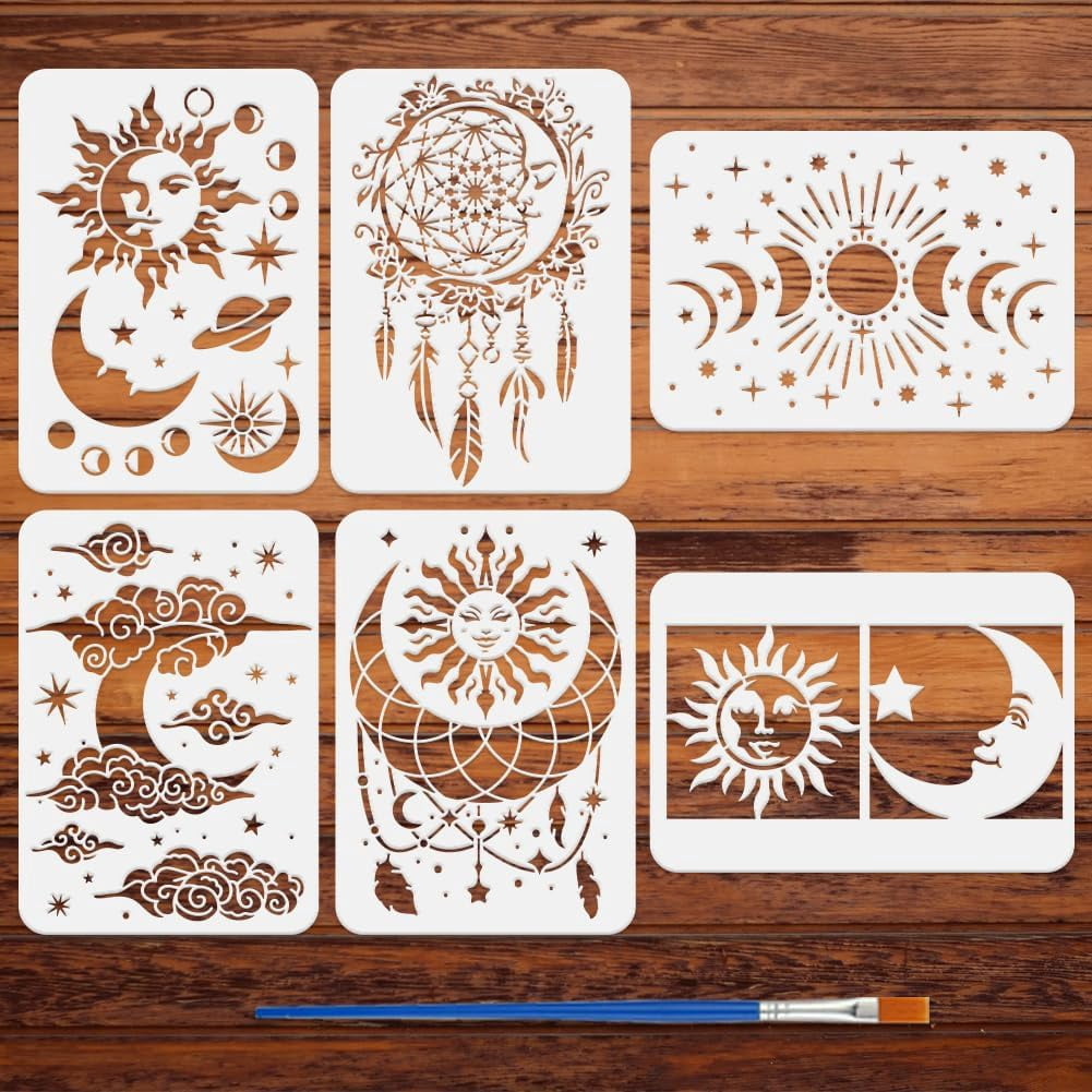 6 PCS Sun Moon Stars Stencils with Brush 8.3x11.7inch Dream Catcher ...