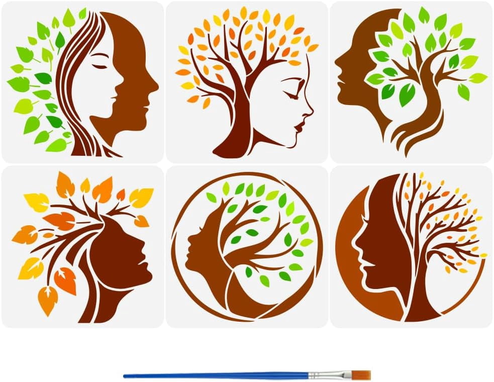 6 PCS Tree of Life Stencils with Paint Brush 11.8x11.8inch Reusable ...