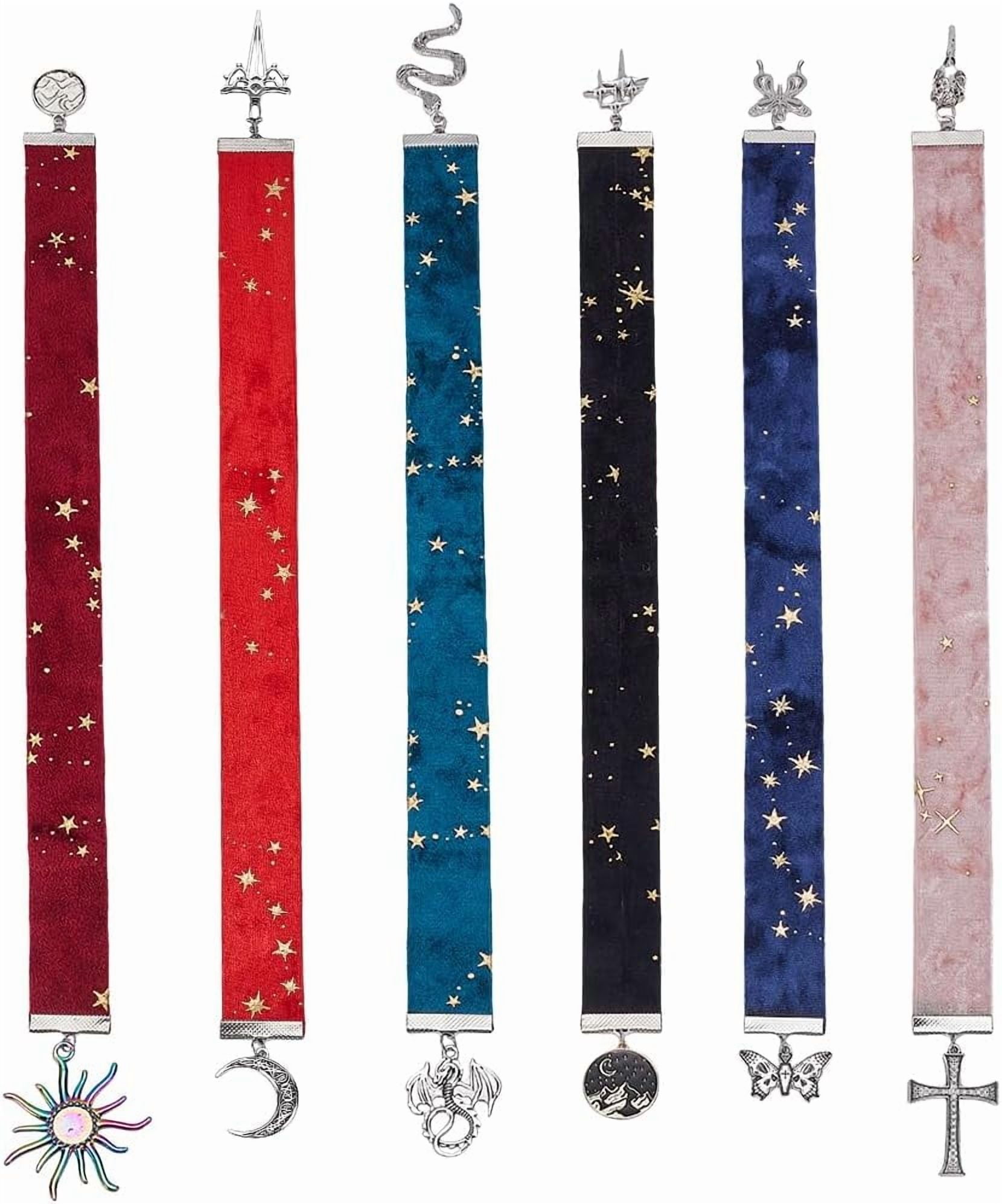 6 PCS Velvet Ribbon Bookmark 14.7~16.4inch Long Metal Charm Page Marker ...