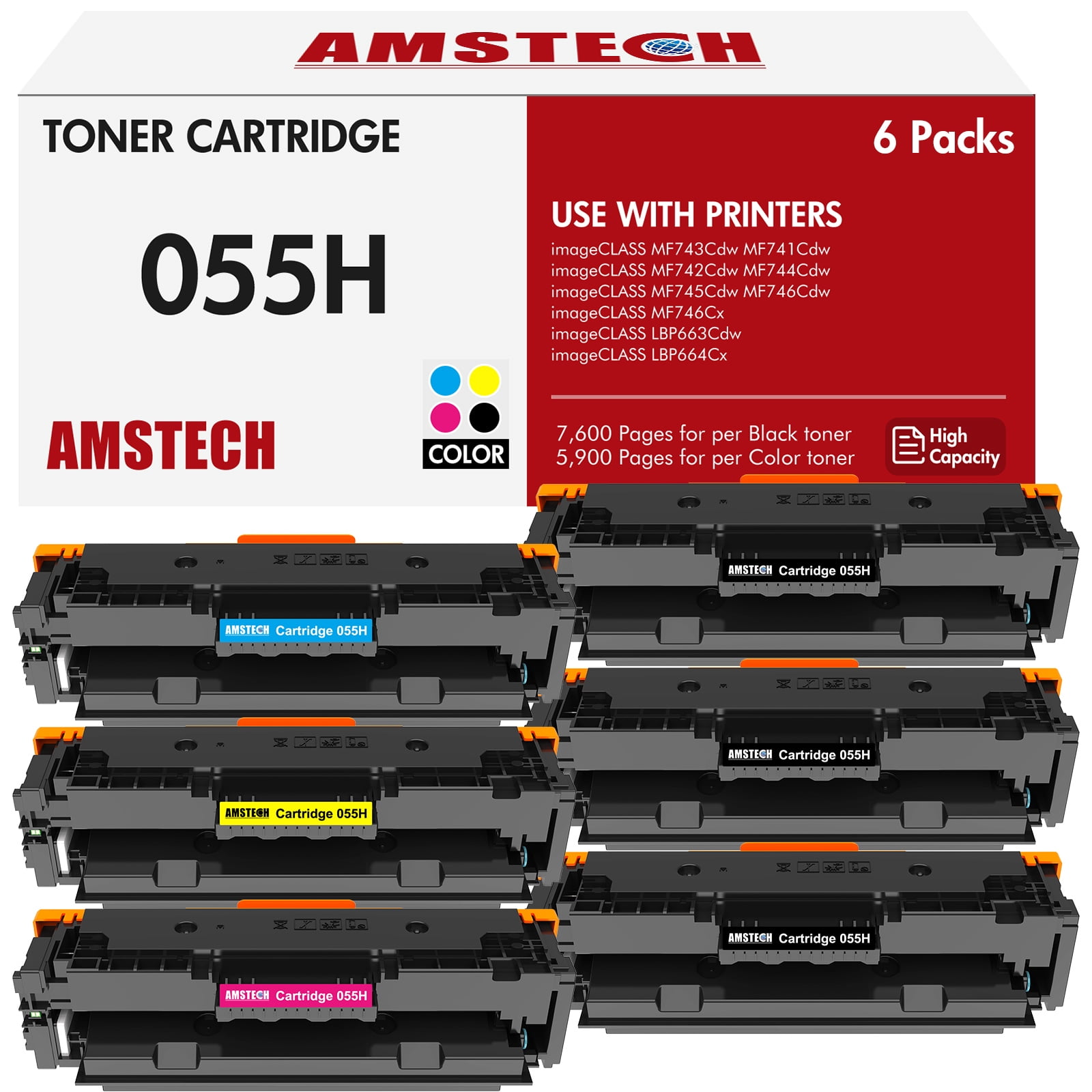 6-Pack 055H 055 Toner Compatible for Canon 055H Black Cyan Magenta ...