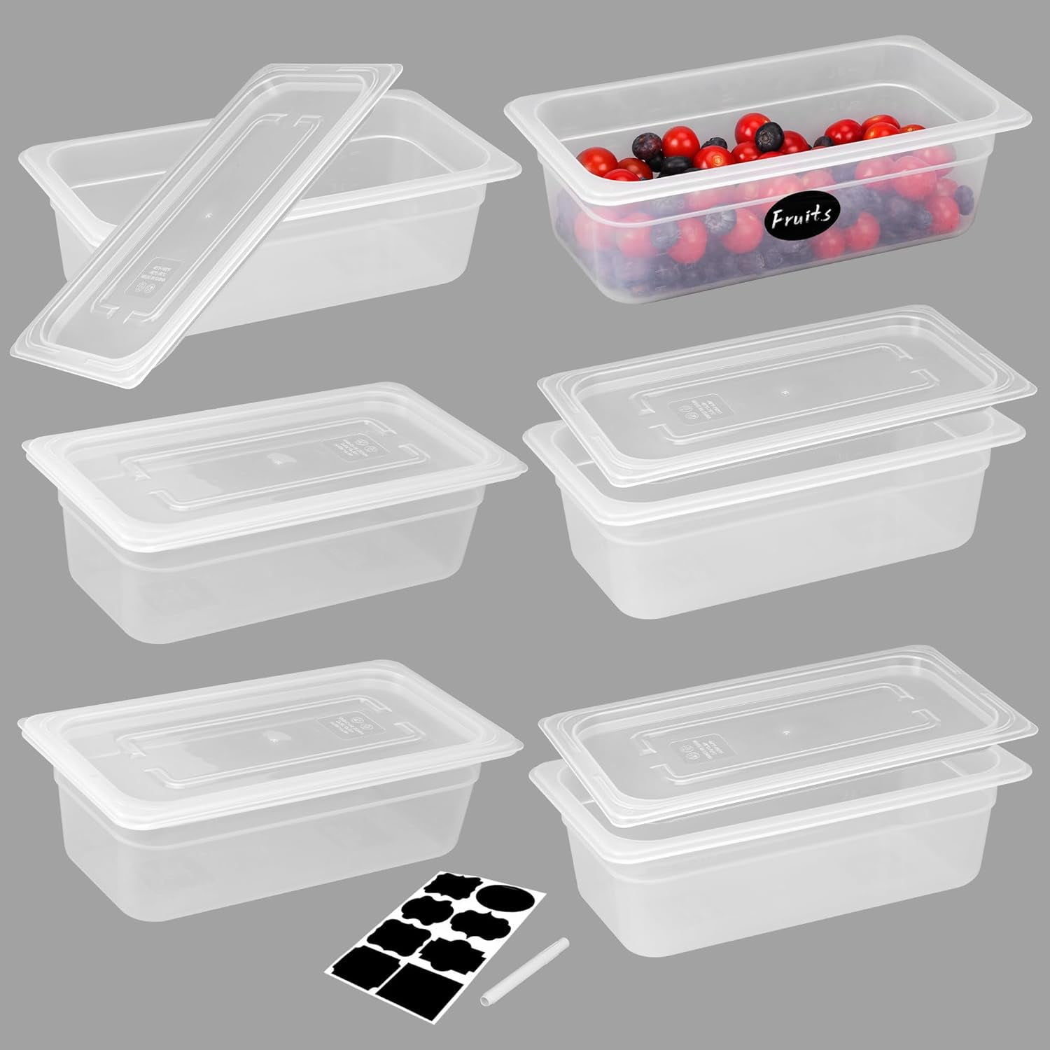 6 Pack 1/3 Size 4'' Deep Food Pans with Lids, Translucent Polypropylene ...