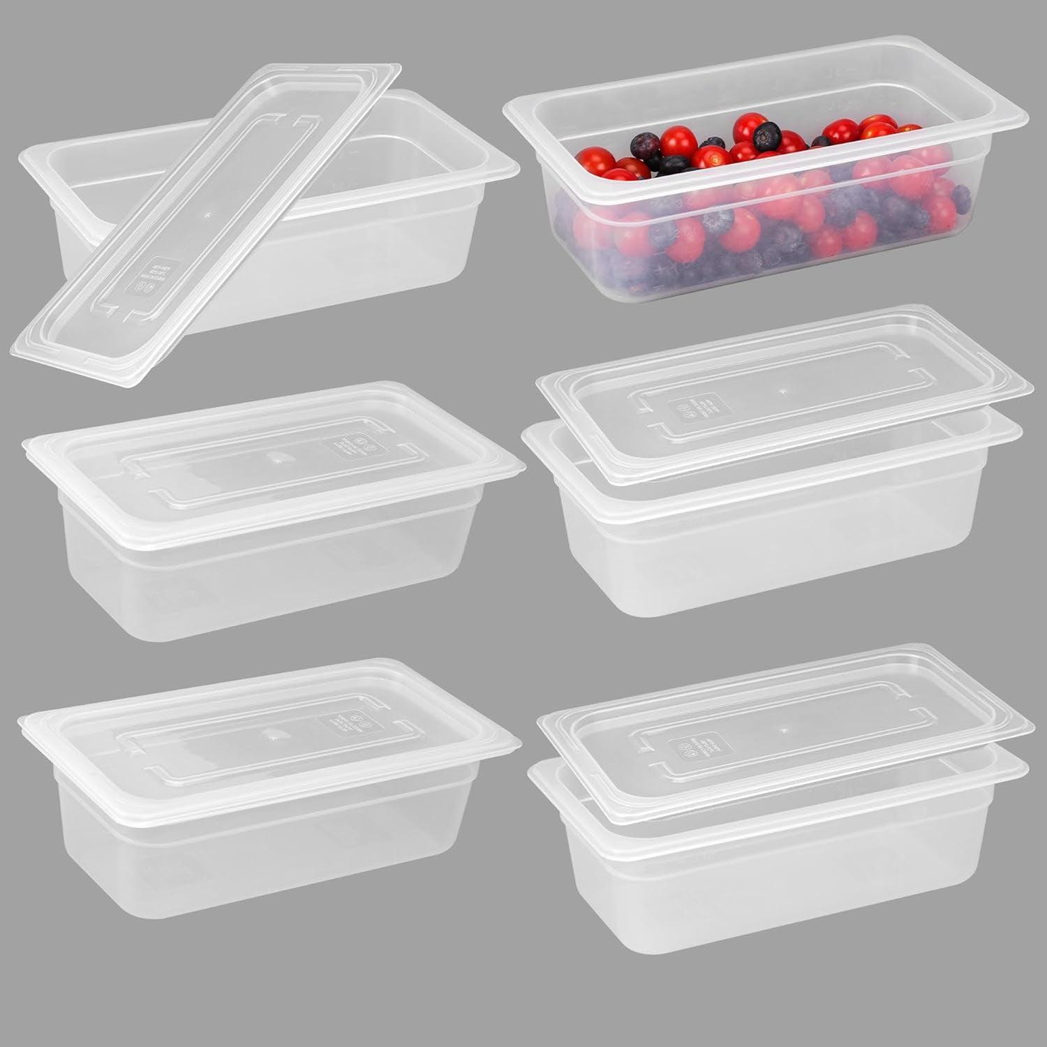 6 Pack 1/3 Size 4'' Deep Food Pans with Lids, Translucent Polypropylene ...