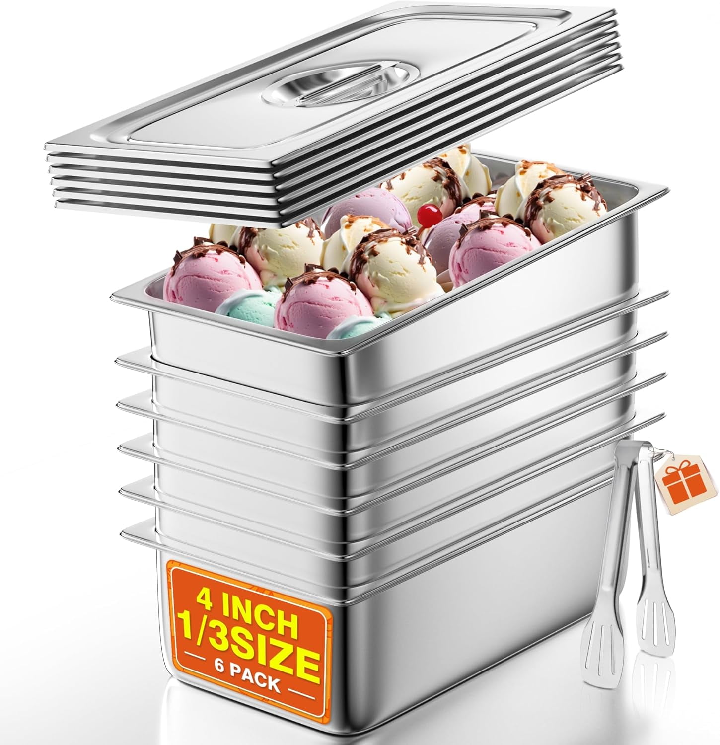 6 Pack 1/3 Size Steam Table Pans with Lid, 4 Inch Deep Commercial ...