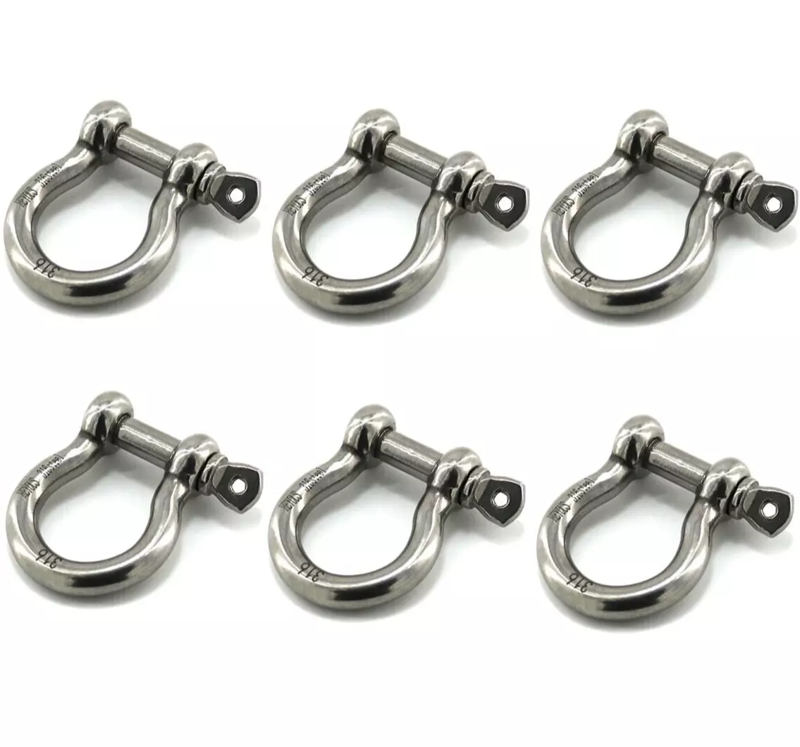 6 Pack 1/4" Heavy Duty Shackle D Rings Stainless Steel Anchor Screw Pin ...