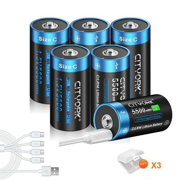 6 Pack 1.5V USB Rechargeable Lithium Batteries, Constant Output C Cell ...