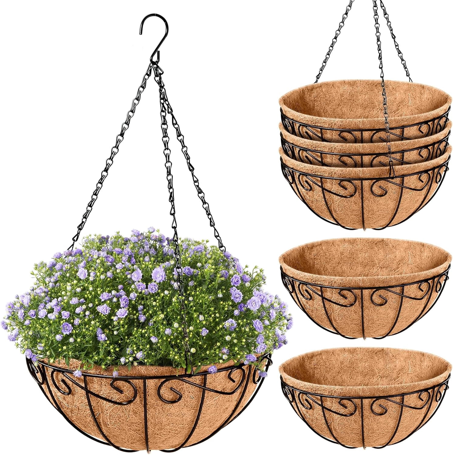 6 Pack 10 Inch Round Metal Hanging Plant Baskets with Coconut Coir ...
