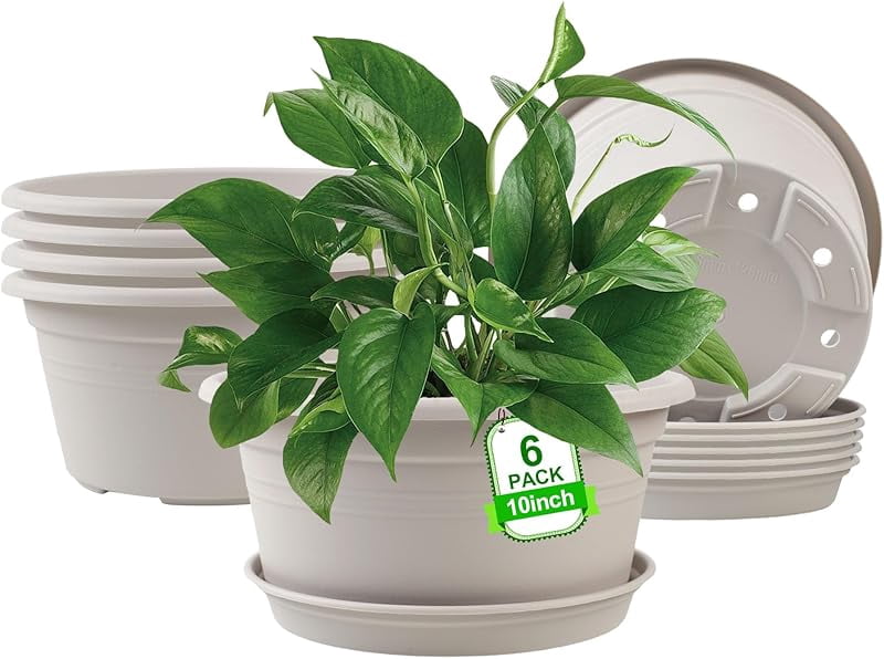6 Pack 10 inch Plant Pot, Round Plastic Plant Pots, Outdoor Pots for ...