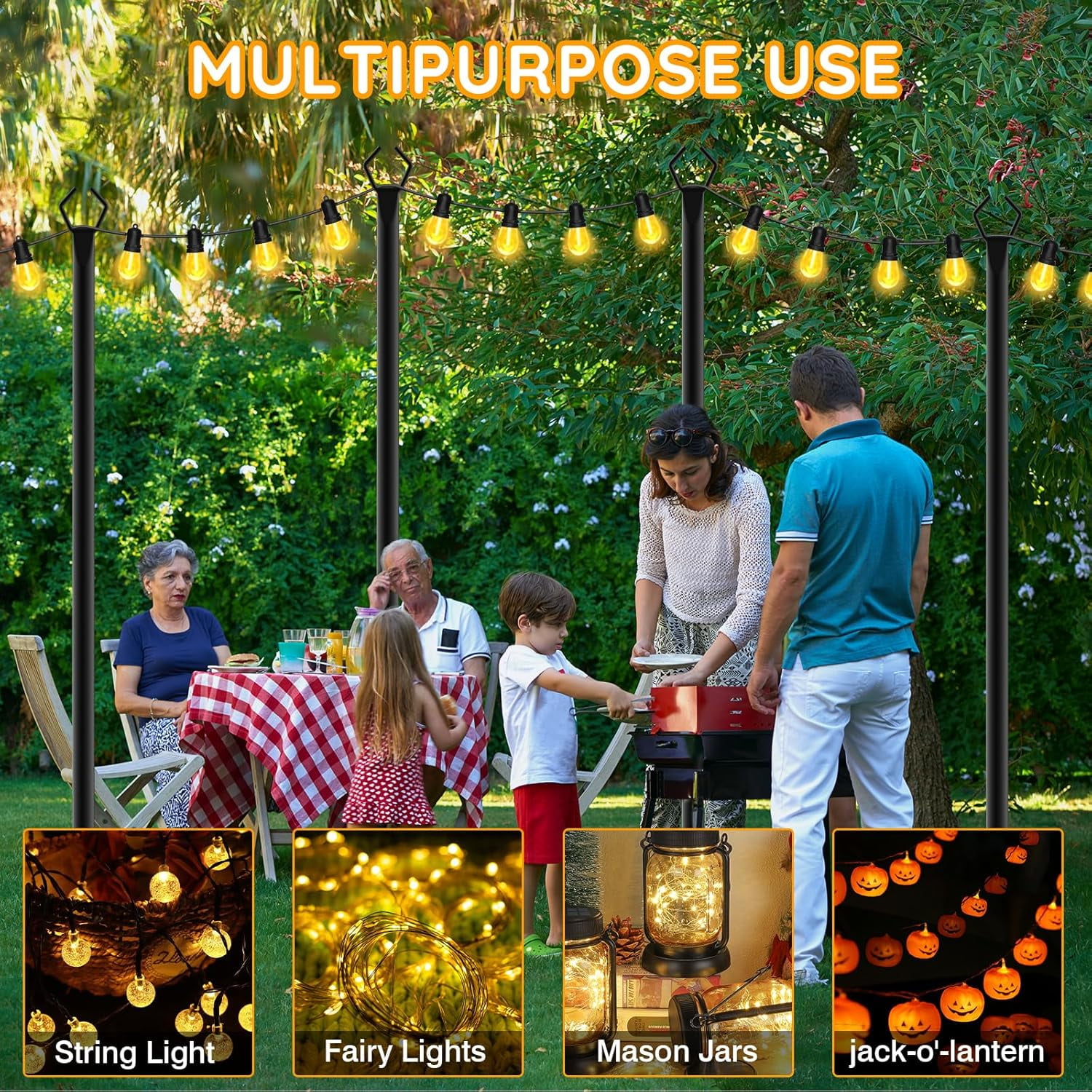 6-Pack 10ft Outdoor String Light Poles, Forked Metal Adjustable Light ...