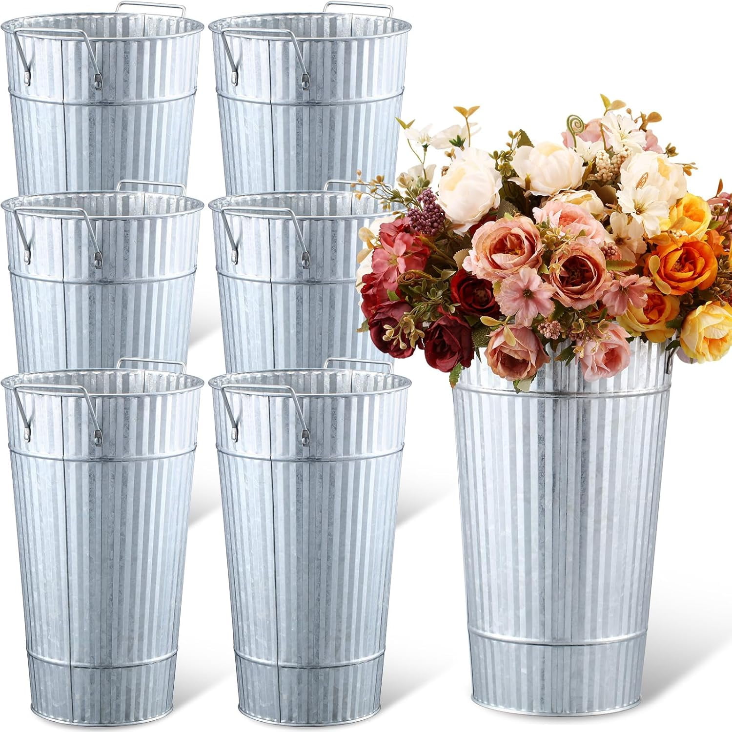 6 Pack 12 Inch Vintage Galvanized Flower Buckets Metal Flower Vases ...