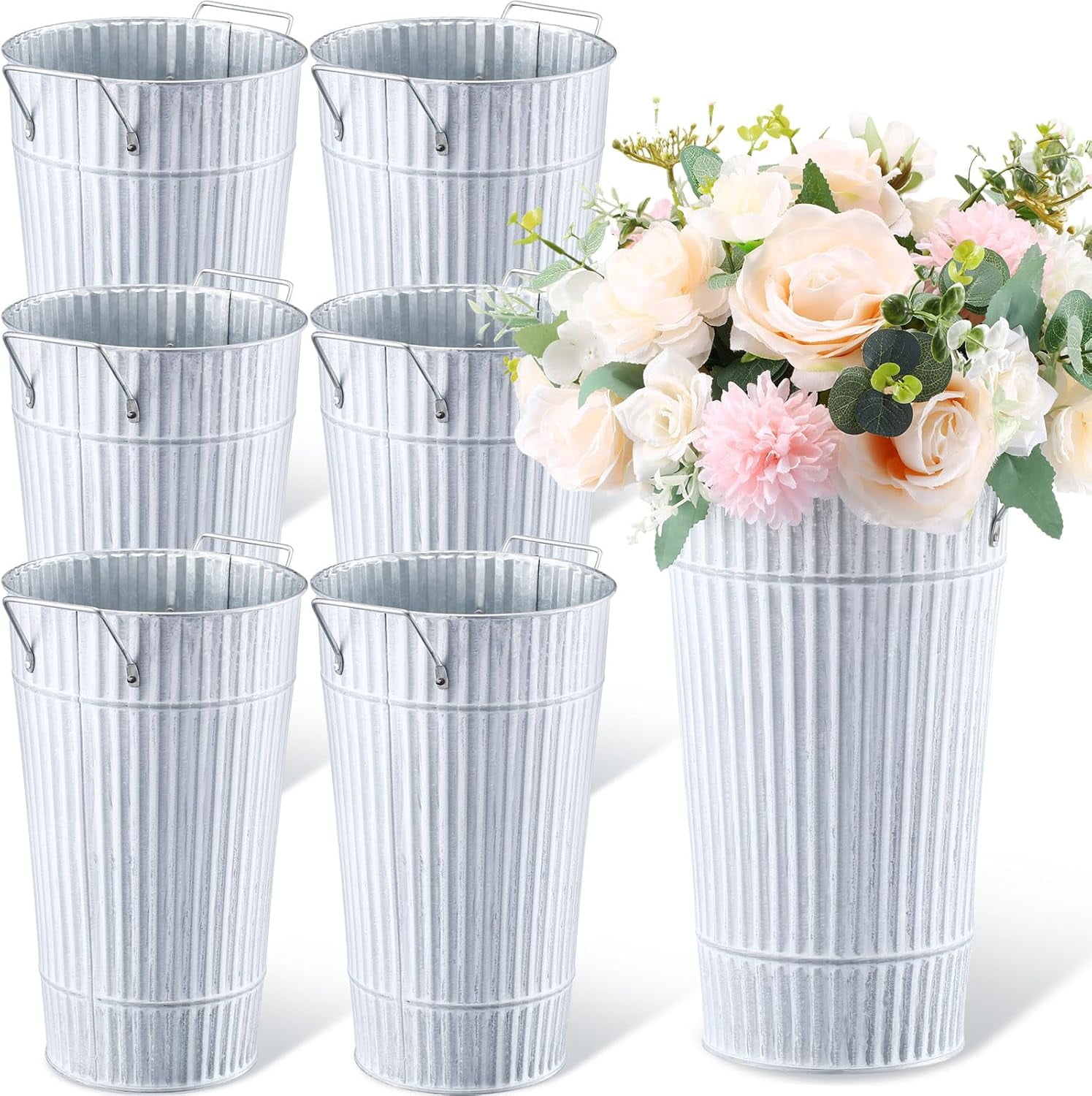 6 Pack 12 Inch Vintage Galvanized Flower Buckets Metal Flower Vases ...
