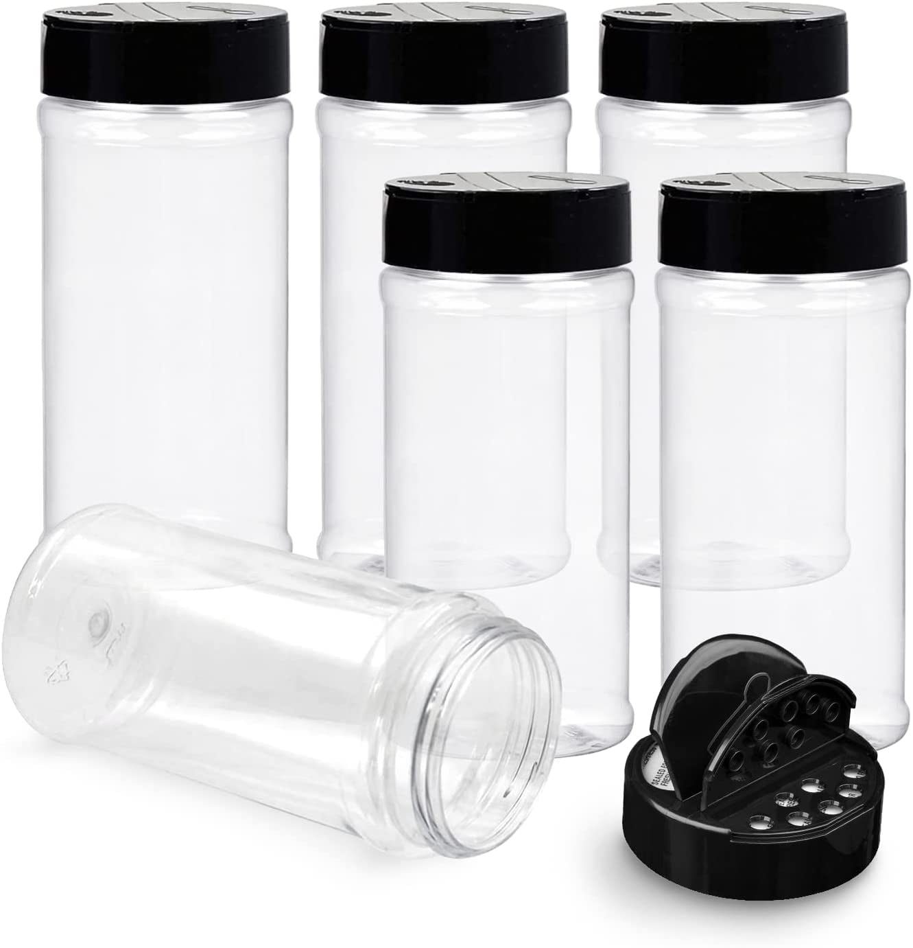 6 Pack 12 Oz Plastic Spice Jars with Black Cap, Clear and Safe Plastic ...