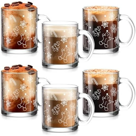 6 Pack 12 oz Christmas Hot Chocolate Mugs Gingerbread Glass Coffee Cups ...