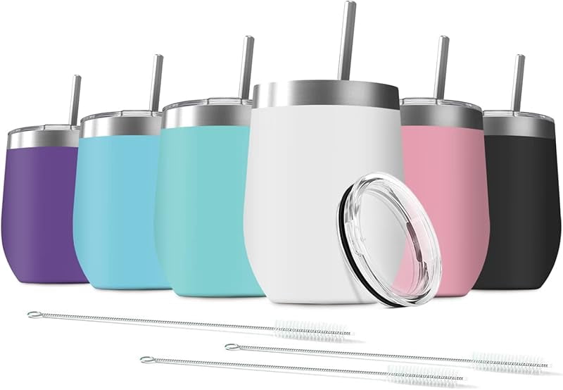 6 Pack 12 oz Stainless Steel Wine Tumbler with Lids, Double Wall Vacuum ...