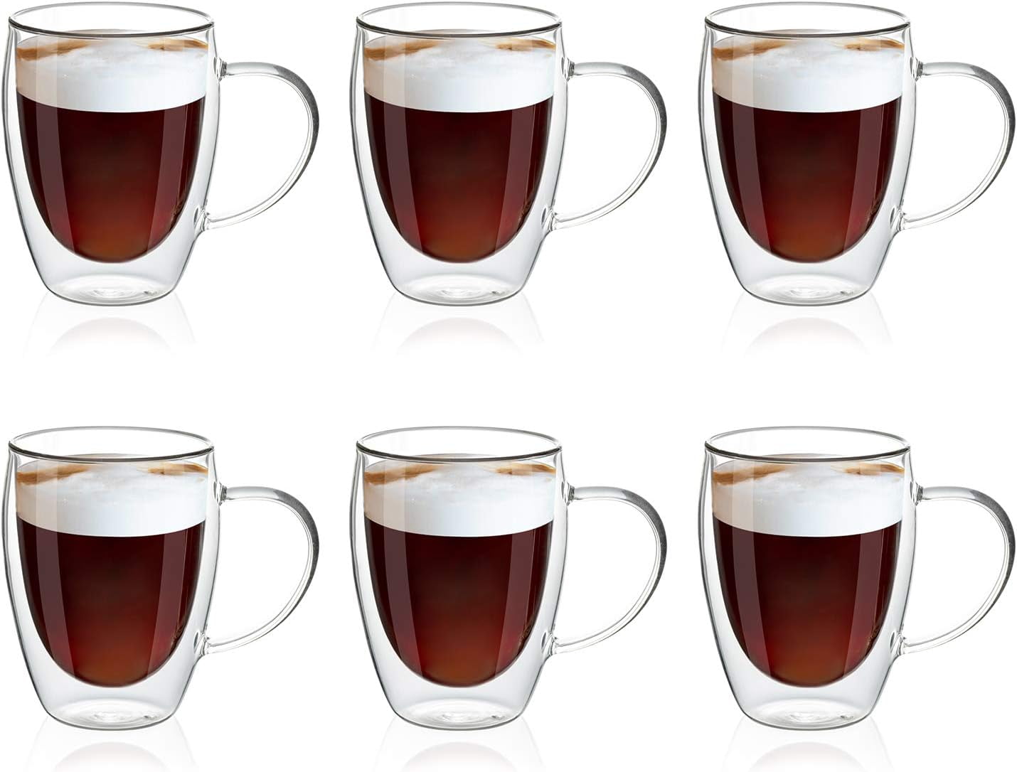 6 Pack 12oz Coffee Mugs, Clear Glass Double Wall Cup with Handle for ...
