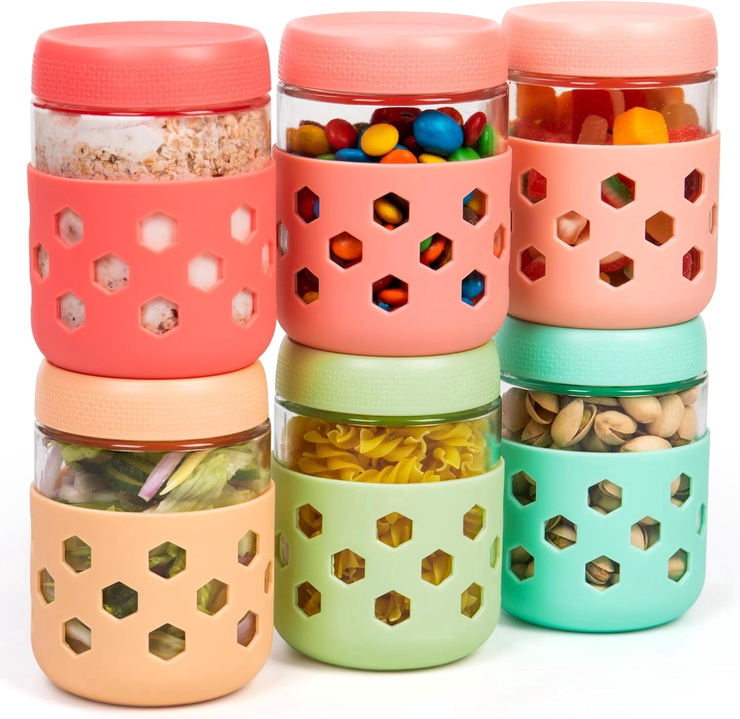 6-Pack 16 oz Overnight Oats Containers with Lids and Silicone Sleeves ...