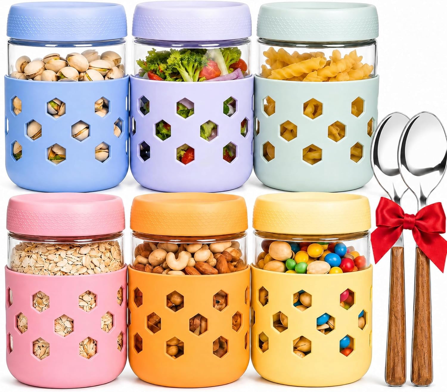 6-Pack 16 oz Overnight Oats Jars with Lids & Silicone Sleeves ...